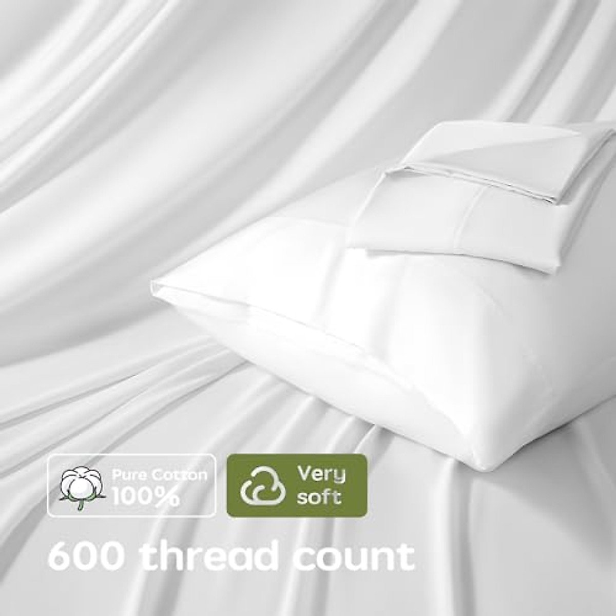 SONORO KATE 600 Thread Count Cotton Sheets, Cooling Luxury 100% Egyptian Cotton Bed Sheets 4 Piece, Soft Breathable and Sateen Weave, 16" Deep Pocket (White, Queen)