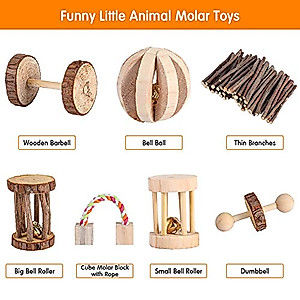 Hamster Toys, Natural Wooden Chew Playing Toy with Dumbbells Bell Roller Seesaw for Guinea Pig Chinchilla Parrot Rat Bunny to Playing and Protecting Teeth