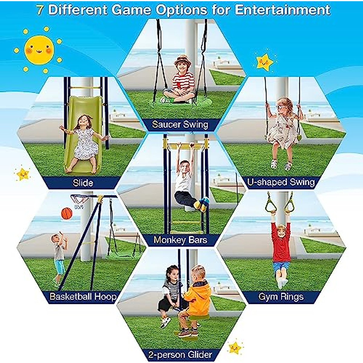 HONEY JOY Swing Sets for Backyard, 660lbs 7-in-1 Heavy Duty Swing Set w/A-Frame Metal Swing Stand, 2 Swings, Glider, Gym Rings, Slide, Monkey Bar,Basketball Hoop, Swingset Outdoor for Kids 3-12