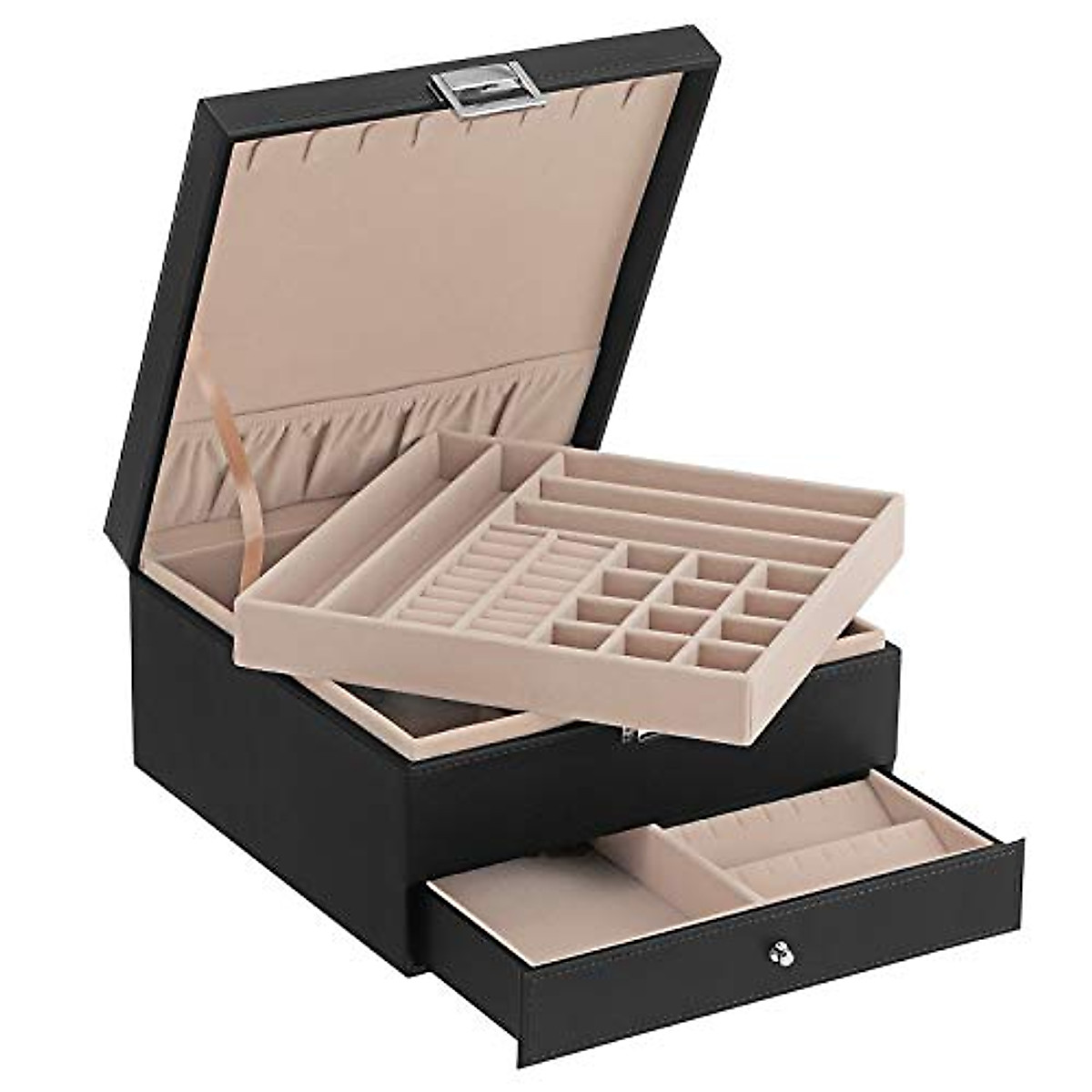 SONGMICS Jewelry Box, 3 Layers Jewelry Organizer with Removable Tray, Drawer, for Necklaces, Earrings, Rings, Black UJBC241BK