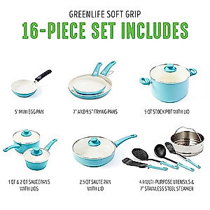 GreenLife Soft Grip Healthy Ceramic Nonstick 16 Piece Kitchen Cookware Pots and Frying Sauce Pans Set, PFAS-Free, Dishwasher Safe, Caribbean Blue