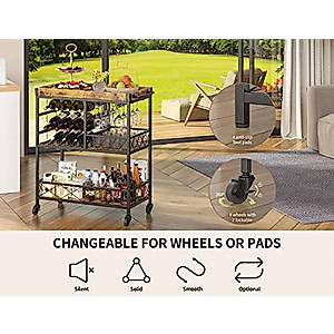 Gizoon 3 Tier 38" Home Bar Serving Cart with Large Storage Space, Mobile Kitchen Storage Trolley with Lockable Wheels, 12 Wine Rack, Glass Holder, Removable Tray (Retro)