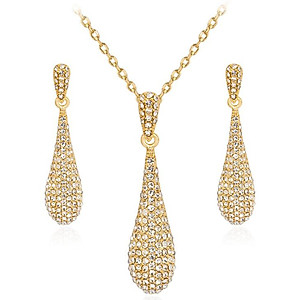 YINLI Gold Full Crystal Rhinestone Gem Tear Drop Pendant Necklace Earrings Jewelry Sets (Style01)