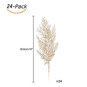 Christmas Glitter Stems 24pcs Artificial Pine Tree Picks for Christmas Tree Ornaments fillers, DIY Xmas Wreath, Crafts, Garland, Holiday, Party, Wedding and Home Decoration(Gold)