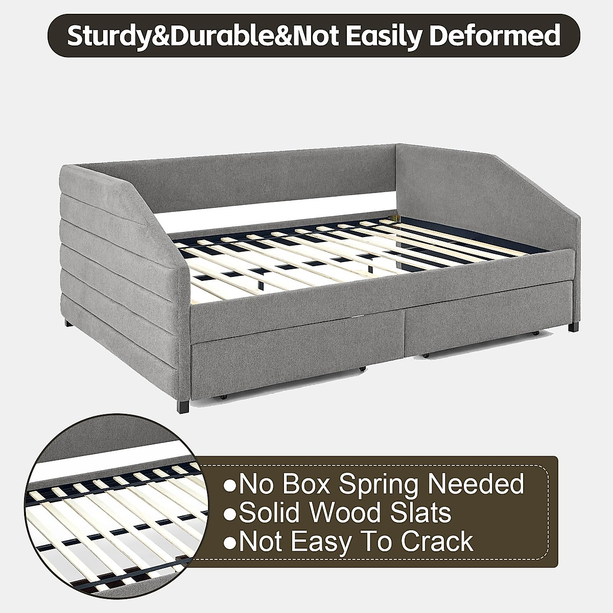 JEEOHEY Queen Size Daybed with Storage, Modern Upholstered Linen Sofa Bed with 2 Pull-Out Drawers for Apartment Living Room Guest Room, Solid Wood Trundle Day Bed Frame, No Box Spring Needed, Grey