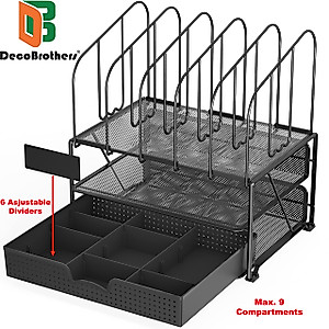 DecoBros Mesh Desk Organizer with Double Tray, 5 Upright Sections and Sliding Drawer, Black