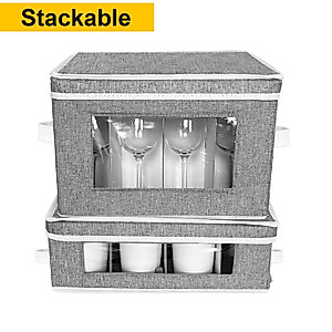 2 Pack China Storage Containers Set, Coffee Mug and Wine Glass Storage Box with Dividers, Cup and Stemware Storage Cases Organizer for 12 Tea Cups & 12 Crystal Glassware Moving and Protection (Grey)