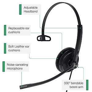 Yealink Phone Headsets for Office Phones YHS34 Lite QD to RJ9 Wired Headset Compatible with Poly Snom Grandstream Phones Desk Landline Headset with Microphone -Mono/72g/2.1m Cable