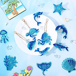 Whaline 12Pcs Summer Diamond Drawing Keychain Kit Ocean Fish Theme DIY Diamond Drawing Pendant Under The Sea Rhinestone Mosaic Making Full Drill Diamond Keychain for Crafts Gift
