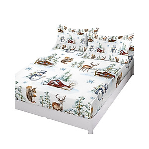 Rusic Christmas Fitted Sheets Elastic Deep Pocket 3 Pieces Bedding Set Full Size,Farmhouse Snowman Wooden Barn Reindeer Soft Brushed Bed Sheets,Winter Snow Scene Bottom Sheet