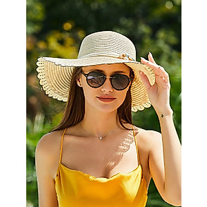 Verdusa Women's Scalloped Wide Brim Straw Sun Hats Boho Beaded Beach Hat Beige One-Size