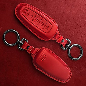 Tukellen for Ford Leather Key Fob Cover Key Shell Case for Ford C-Max Edge Escape Expedition Explorer Flex Focus Taurus Lincoln MKS MKT MKX -Red
