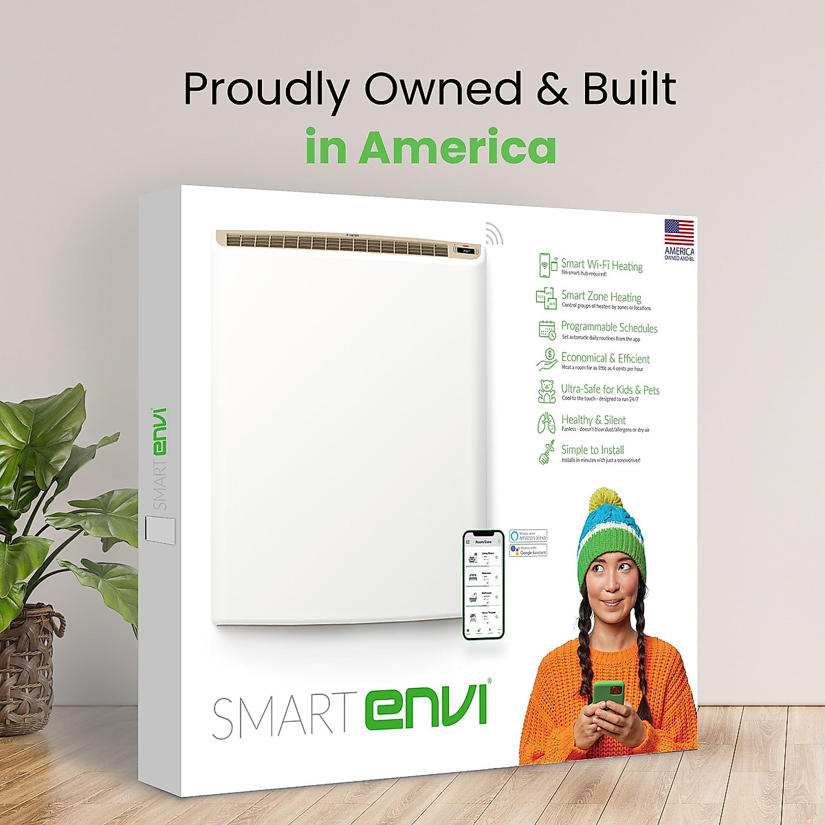 Smart Envi Wi-fi Plug-in Electric Wall Heater - Energy Efficient Smart Heaters for Indoor Use - App Controlled Electric Heater with Thermal Shut Off Switch - Compatible with Alexa & Google Home