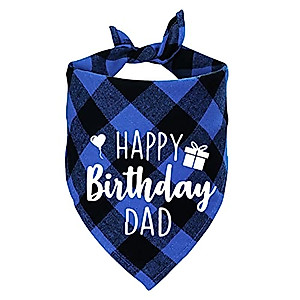 Ptzizi Funny Blue Plaid Happy Birthday Dad Dog Printed Triangle Bandana, Small Medium Large Boy Pet Dog Birthday Party Scarf Bib Accessories for Pet Dog Lovers Gift
