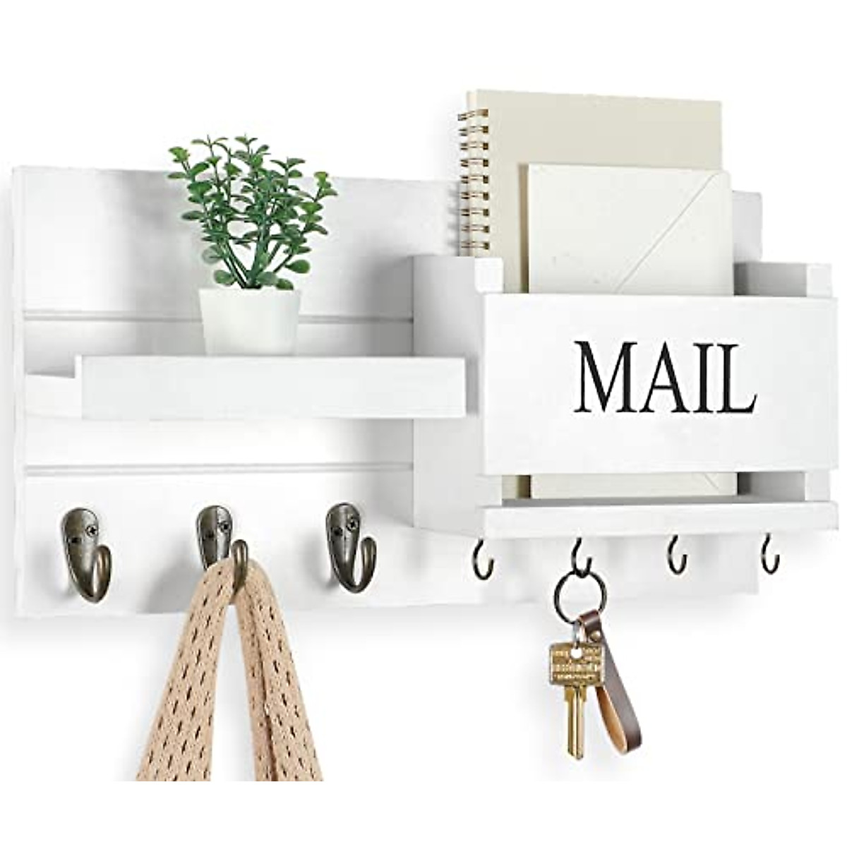 Lwenki Mail Organizer for Wall Mount – Key Holder with Shelf Includes Letter Holder and Hooks for Hallway Farmhouse Decor – Rustic Wood with Flush Mounting Hardware (16.5” x 9.1” x 3.4”) (White)
