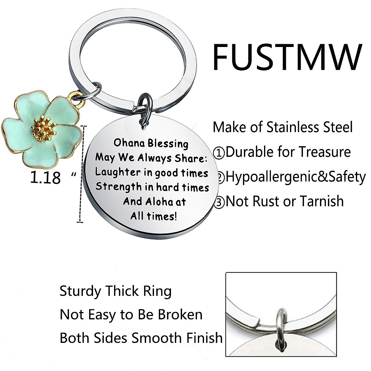 FUSTMW Ohana Keychain Blessing Gifts Hibiscus Charm Keychain Hawaiian Ohana Jewelry Gift for Family Best Friends Gift (silver)