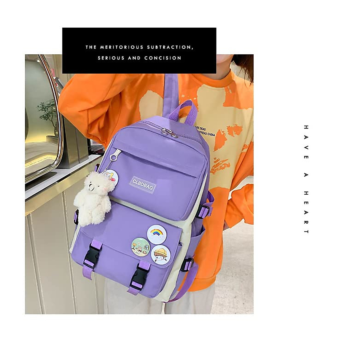 AMZTAN 4Pcs Canvas School Backpack Combo Set for Students with Bear Pendant Handle Shoulder Tote Bag Laptop Schoolbag (Purple)