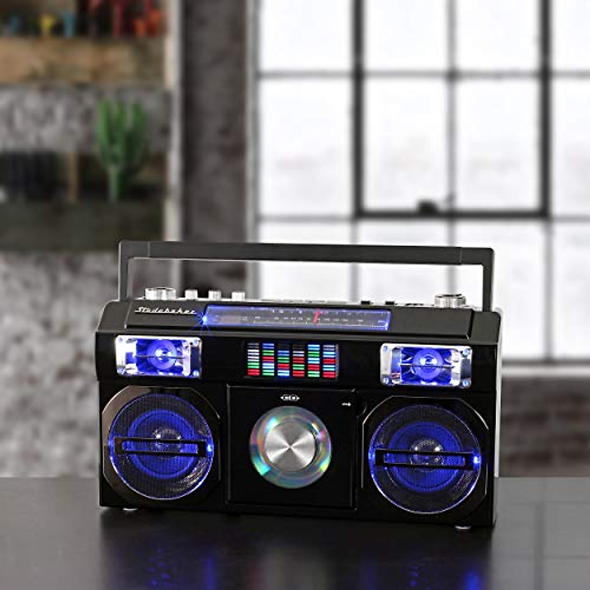 Studebaker SB2145B 80's Retro Street Bluetooth Boombox with FM Radio, CD Player, LED EQ, 10 Watts RMS Power and AC/DC