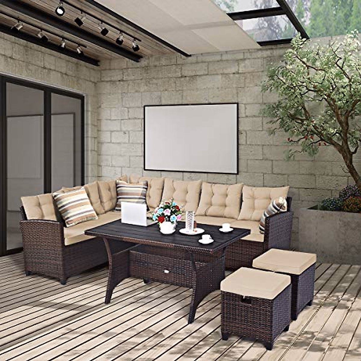 Tangkula 5 PCS Patio Furniture Set, Outdoor Conversation Set with 6 Cushioned Seat 2 Ottomans & Coffee Table, All Weather Wicker Dining Table Set with Ottoman, Rattan Sectional Couch Sofa Set