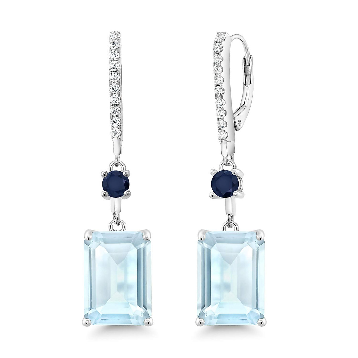 Gem Stone King 17.60 Ct Octagon Checkerboard Sky Blue Topaz Blue Sapphire 925 Silver Dangle Earrings