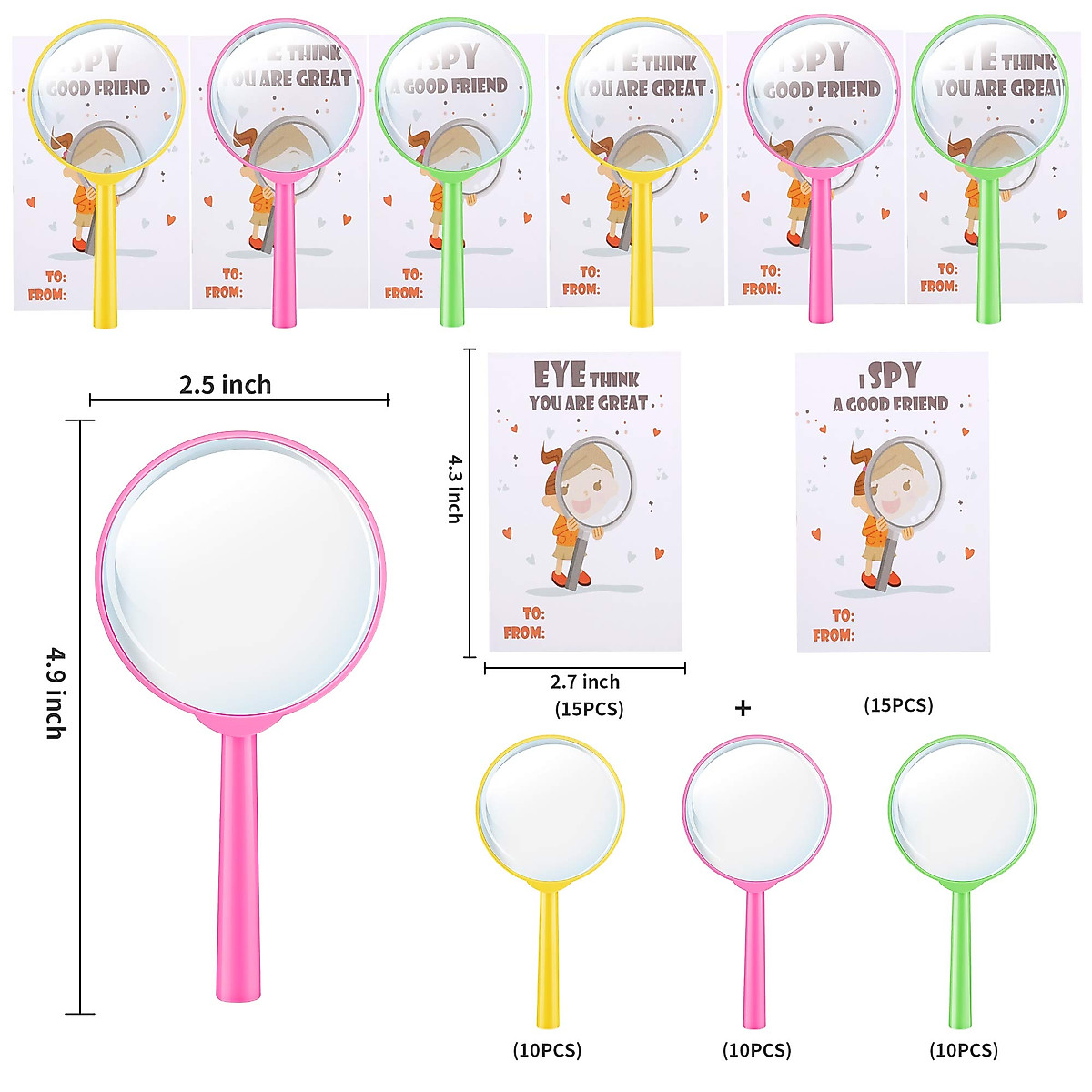 FiGoal 30 Pack Valentines Cards with 30 Colorful Magnifying Glasses in 3 Colors Plus Goodie Bag for Greeting Cards School Classroom Prizes Valentines Party Favors