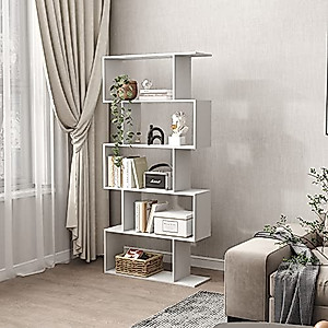 Yusong Bookshelf 5-Tier, Geometric Bookcase S Shaped Book Shelves for Bedroom, Modern Wood Decorative Display Shelf Book Case for Home Office, White