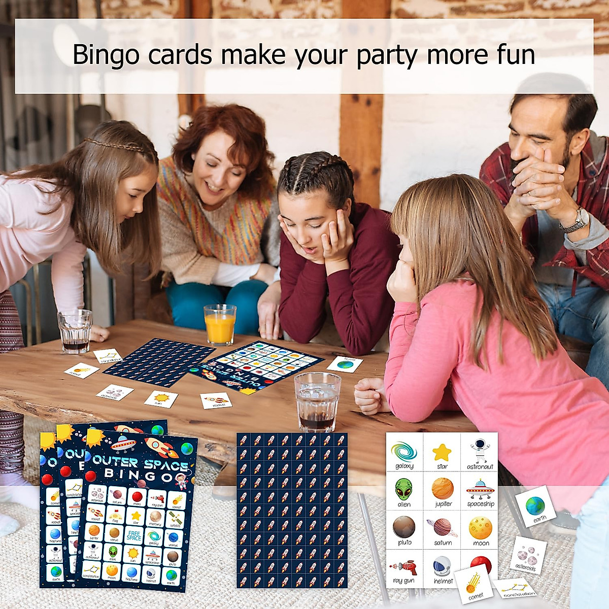 Ziyouza Outer Space Bingo, Solar System Birthday Bingo Cards, 24 Players Bingo Games for Space Theme Birthday Family Party Outdoor Trip Activity -04
