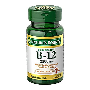 Nature’s Bounty Vitamin B12 2500 mcg, Cellular Energy Support, For Energy Metabolism, Heart & Nervous System Health, 75 Quick Dissolve Tablets