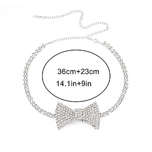 Sethexy Sparkly Rhinestone Choker Glitter Bowtie Necklace Bowknot Tennis Chain Party Nightclub Wedding Costume Jewelry for Women (Silver)