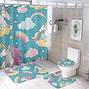 Blue Four Piece Bathroom Set Unicorn Rainbow Cloud Shower Accessories Set with Rugs and Curtains