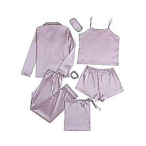 LYANER Women's Pajamas Set 7pcs Silk Satin Sleepwear Loungewear Cami Shirt Pj Set Purple Medium