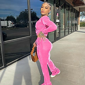 Womens 2 Piece Velour Hoodie Jogger Tracksuit Two Piece Outfits for Women, Long Sleeve Full-Zip Up Velvet Crop Tops Jacket Flared Pants Fall Lounge Matching Sets Sportswear Jogging Sweatsuit Pockets