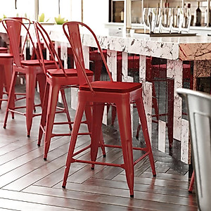 Flash Furniture Kai Commercial 24" High Indoor-Outdoor Counter Height Stool - Red Galvanized Steel Frame - Red Square All-Weather Poly Resin Seat - Removable Back
