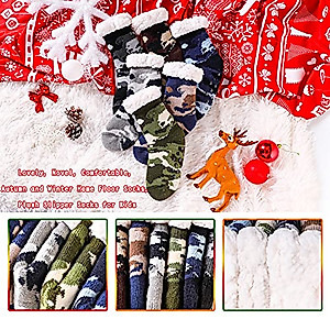 Kids Boys Girls Fuzzy Slipper Socks Soft Warm Thick Fleece lined Christmas Stockings For Child Toddler Winter Home Socks (Green Camouflage, 5-8 Years)