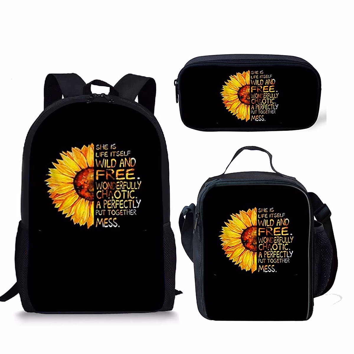 Amzbeauty School Backpack Set Lunch Bags Pencil Case Trendy Sunflower Print Bookbags 3 Pcs Set for Kids Boys Girls