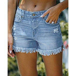 luvamia Jean Shorts for Women Stretchy High Waisted Ripped Denim Shorts Women Jean Shorts Womens High Waisted Women Summer Shorts Coachella Outfits For Women Blue Tides Size Medium Fits Size 8 Size 10