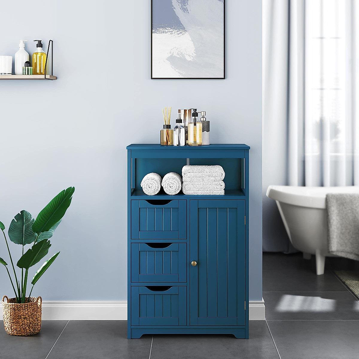 Topeakmart Wood Bathroom Floor Cabinet, Free Standing Storage Cabinet with 3 Drawers and Cupboard, Hallway/Entryway Cabinet, Living Room Accent Furniture, Navy Blue