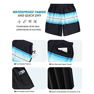 SILKWORLD Mens Swim Trunks 2 in 1 Quick Dry 7 Inch Swimming Shorts with Zipper Pockets, Navy Blue Stripe, Large