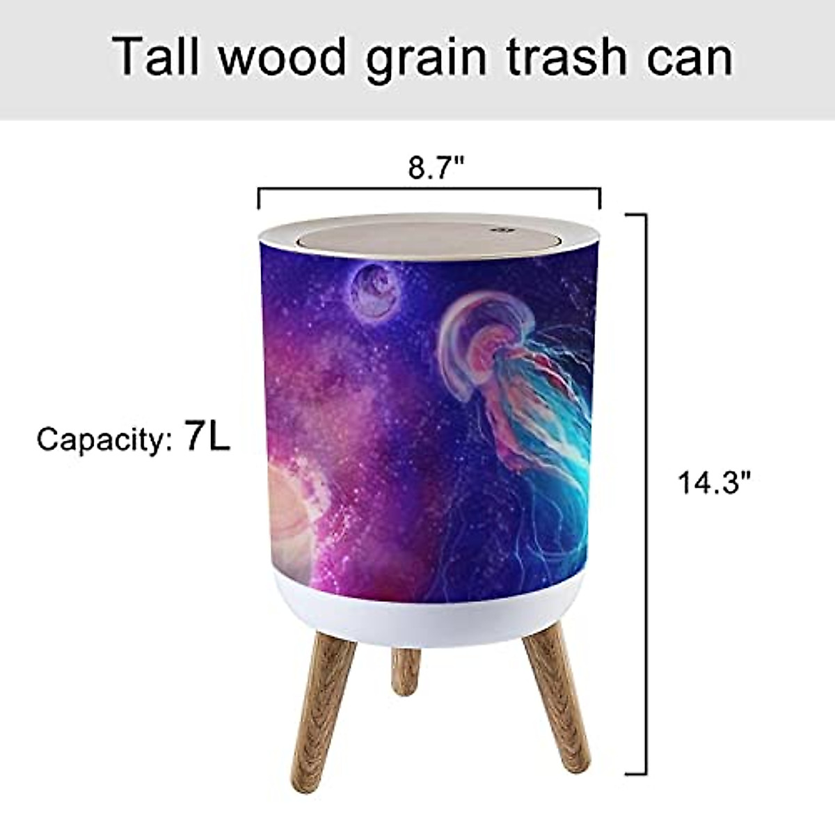 Small Trash Can with Lid Free Space Galaxy Planets and Space Jellyfish Fantasy Abstraction Round Recycle Bin Press Top Dog Proof Wastebasket for Kitchen Bathroom Bedroom Office 7L/1.8 Gallon
