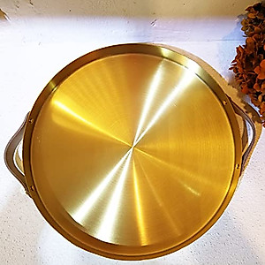 12 Inch Round Golden Tray with Brown Handle, Metal Vanity Tray with Mirror Finish, 1”Deep Decorative Brass Tray Serving Platter for Dessert Table, Jewelry, Exxacttorch