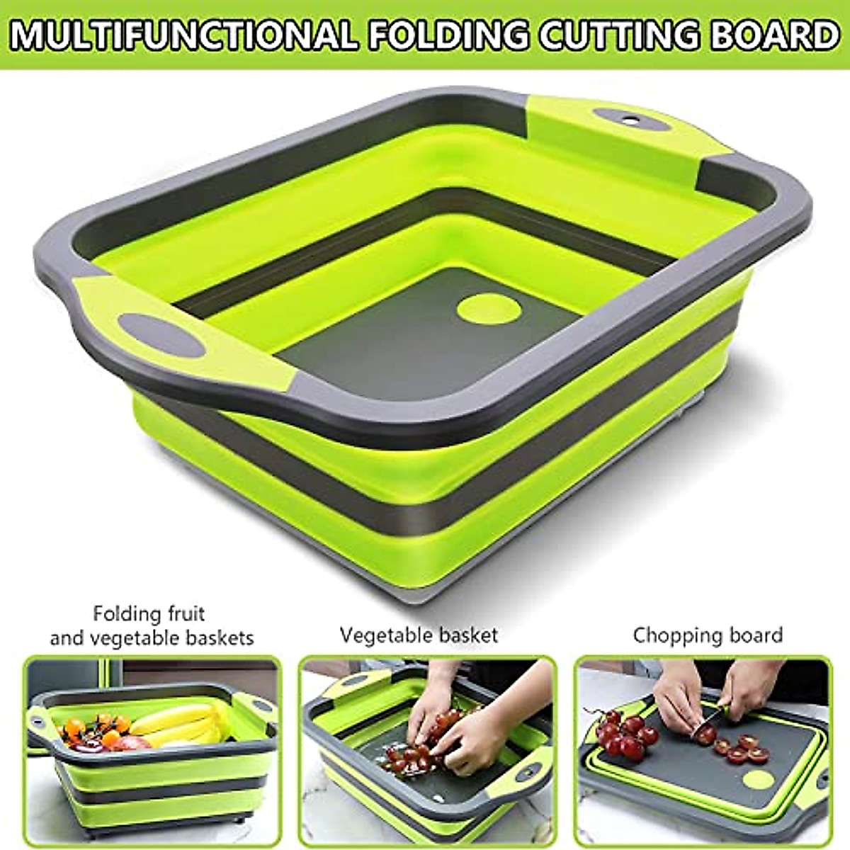 COMUSTER Collapsible Cutting Board - Portable Washing Veggies Fruits Food Grade Camping Sink (4.25 Gal) Space Saving 3 in 1 Multifunction Storage Basket for BBQ Prep/Picnic/Camping (Green)