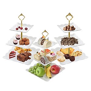 MOTOOLER 3Pcs White Square 3 Tiered Cake Stands, 3 Tier Serving Tray Cupcake Holder Dessert Stand Fruit Candy Display Table Decorations for Home Party Birthday Tea Party Baby Shower