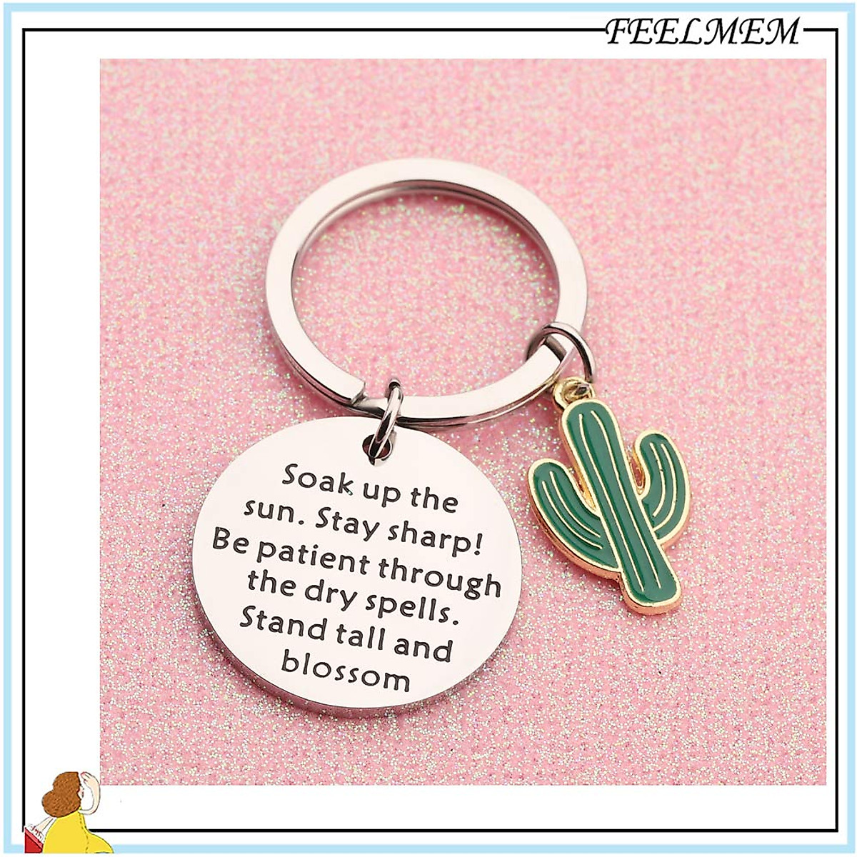 FEELMEM Saguaro Cactus Keychain Soak Up The Sun Stand Tall and Blossom Inspirational Cacti Charms Keychain for Friend Plant Lover Gift (silver)