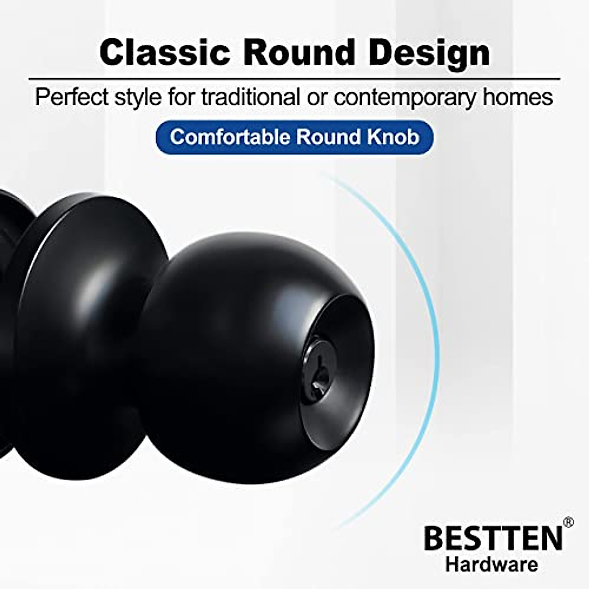BESTTEN Matte Black Keyed Entry Door Knob, Entrance Door Lock, Standard Ball, All Metal