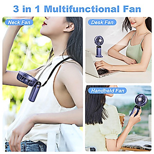 Portable Handheld Fan, Type-C Rechargeable, 4000mAh Battery Operated Fan with LED Display, 90° Foldable , 5 Speed Wind,Handheld/Neck/Desk 3 in 1 Personal Small Fan, Makeup Fan for Women (Purple)