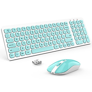SOOOO Wireless Keyboard and Mouse Combo, Ultra Thin Quiet Portable Wireless Keyboard and 2.4GHz Wireless Mouse with Nano USB Receiver for Windows Laptop PC Notebook (White(Blue Keys))