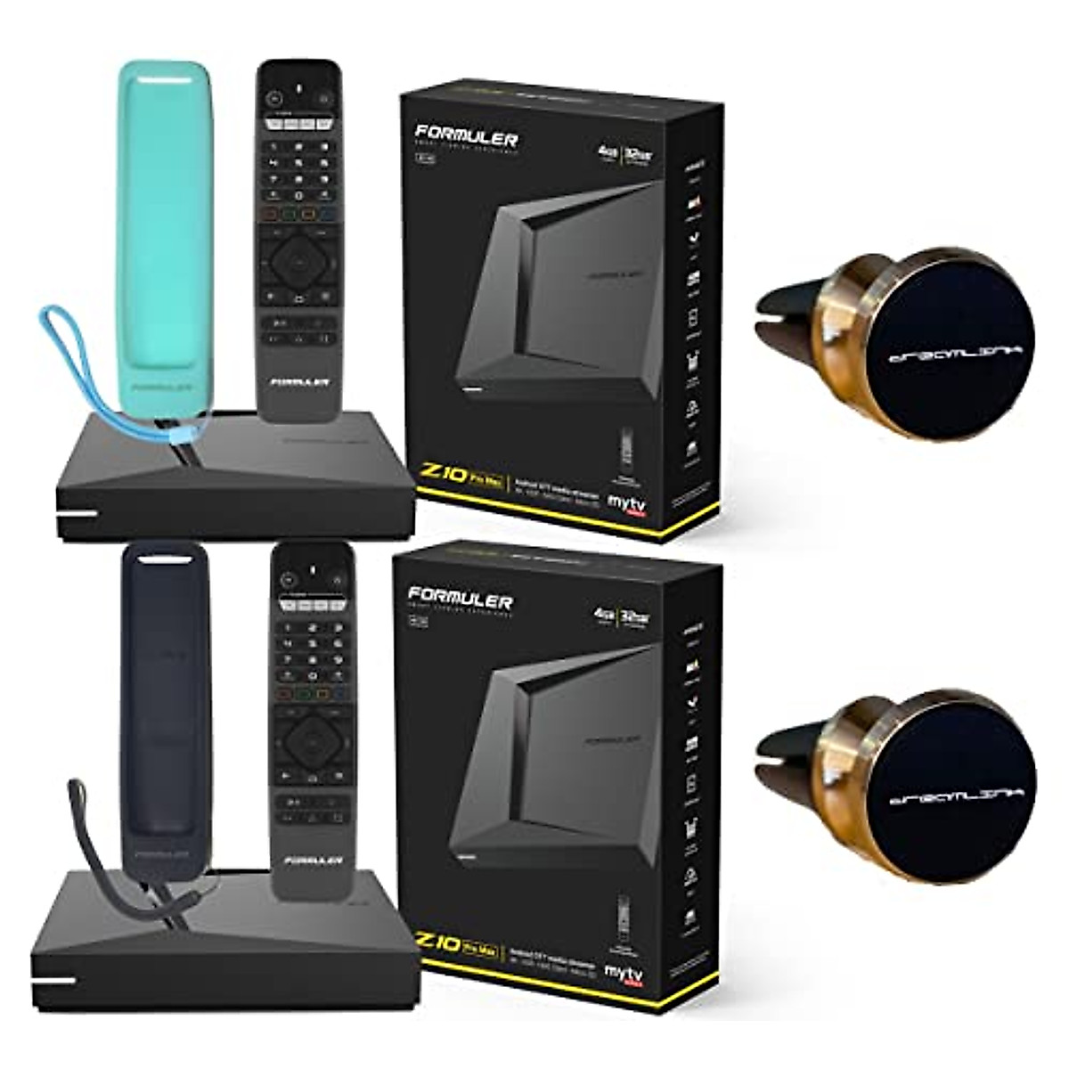 Dreamlink/Formuler Package of 2 - Formuler Z10 Pro Max Android 10 Dual Band 5G Gigabit LAN 4GB Ram 32GB ROM 4K + Extra Magnetic Car Mount + Extra Silicone Case Cover for Remote Control Pack of 2