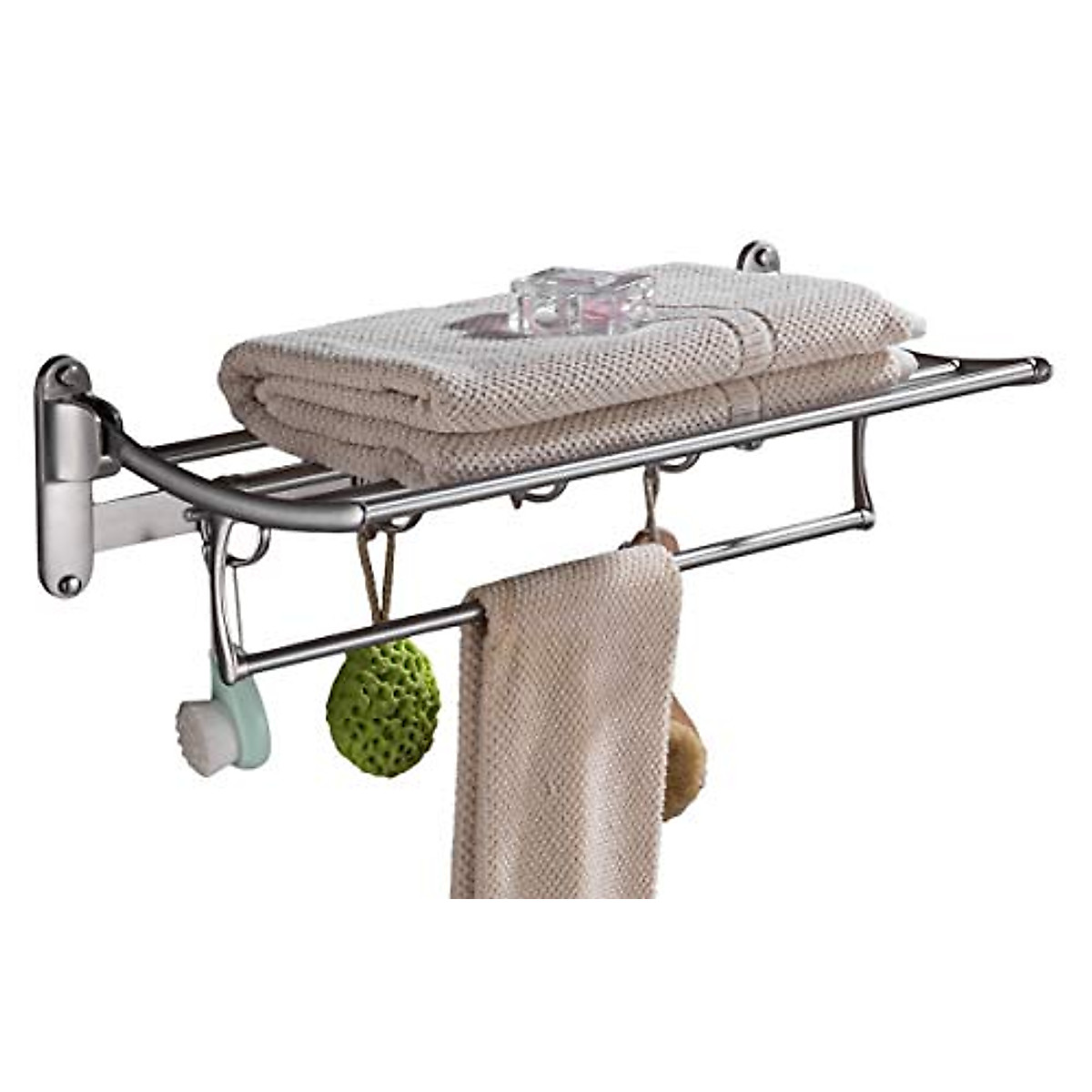 ELLO&ALLO Towel Racks for Bathroom Shelf with Foldable Towel Bar Holder and Hooks Wall Mounted Multifunctional Racks, Brushed Nickel
