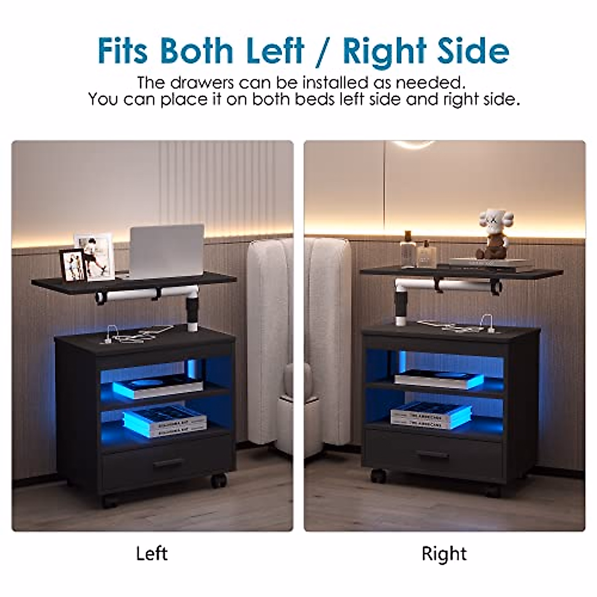 dnbss LED Nightstand with Charging Station & Sockets, Smart Bedside Table, Modern Night Stand for Bedroom, Large Side End Table, 360° Laptop Tray Workstation, Drawer, Open Shelf, Wheel (Black)