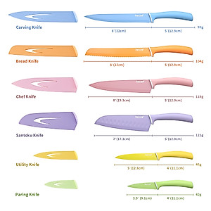 hecef Colorful Knife Set, 6 Pieces Kitchen Knife Set with Covers, Stainless Steel Colour Coded Non-Stick Cooking Knife Set Including Paring, Utility, Bread, Carving, Santoku & Chef Knife